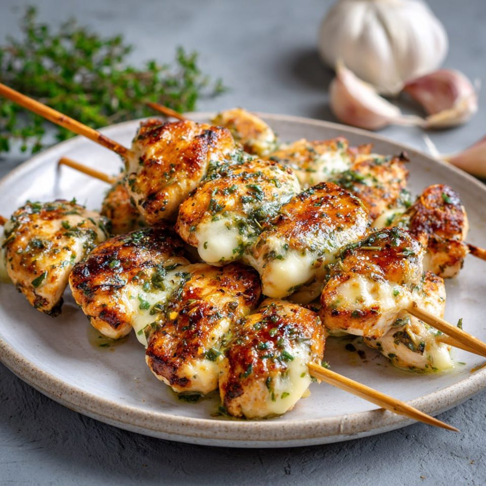 Garlic Mozzarella Chicken Bomb Skewers - Easy and Healthy Recipes