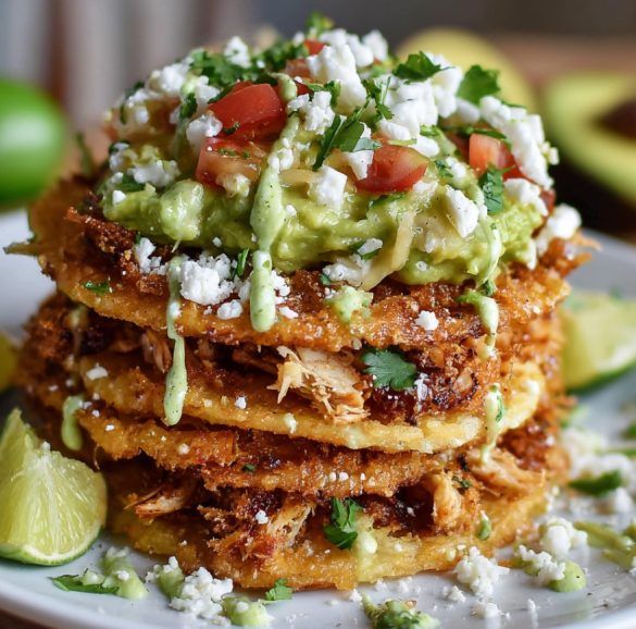 Best Crispy Honey Lime Chicken Tostada Towers With Avocado Lime Drizzle ...