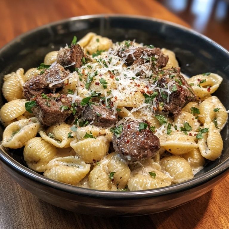 Savory Garlic Butter Steak Bites Shell Pasta With Parmesan Cream - Easy ...